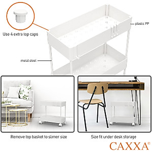 CAXXA 3 Tier Slim Mobile Utility Cart Rolling Cart ,Plastic Basket Storage Organizer, for Kitchen Laundry Bathroom Living Room Narrow Place Slide Out Storage Cart with Casters (White, 15.75Lx7W)