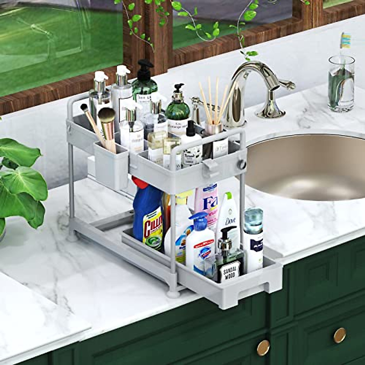 SOLEJAZZ 2-Tier Under Sink Organizer, Sliding Under Bathroom Cabinet Storage Drawer Organizer with Hooks, Hanging Cup, Dividers, Handles, Multi-purpose Under Sink Shelf Organizer, Gray, 2 Pack