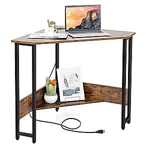 Tangkula Corner Desk with Power Outlet & USB Ports, Triangle Computer Desk with Charging Station, Storage Shelf, Space Saving Writing Desk, Vanity Table, Corner Desk for Small Space (Rustic Brown)