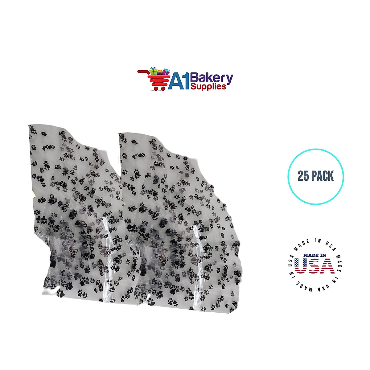 A1BakerySupplies® 25 Pack Paw Print Design Printed Cellophane Bags 4 In X 2 In X 9 In