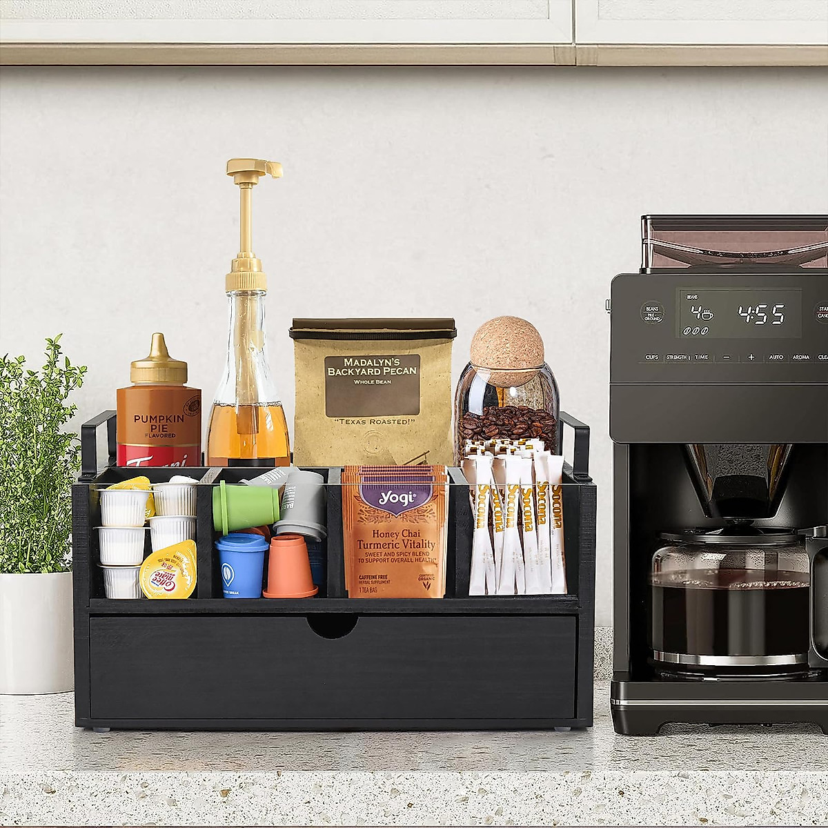 Coffee Bar Organizer for Countertop, Wood Coffee Station Organizer with Drawer, K Cup Organizer Coffee Pods Holder with Handle, Rustic Coffee Bar Accessories Condiment Organizer for Coffee Bar Decor
