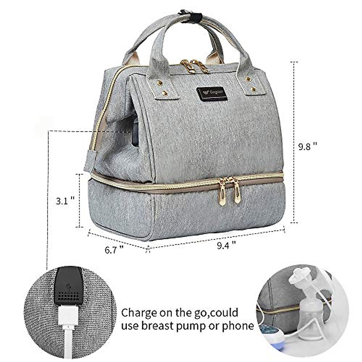Breast Pump Bag with Cooler Pocket, Mini Pumping Bags with Pockets for Working Mom Cooler Tote Bag Built-in USB Charging Pot for Phone Mother Diaper Bags（No Include ice Pack）