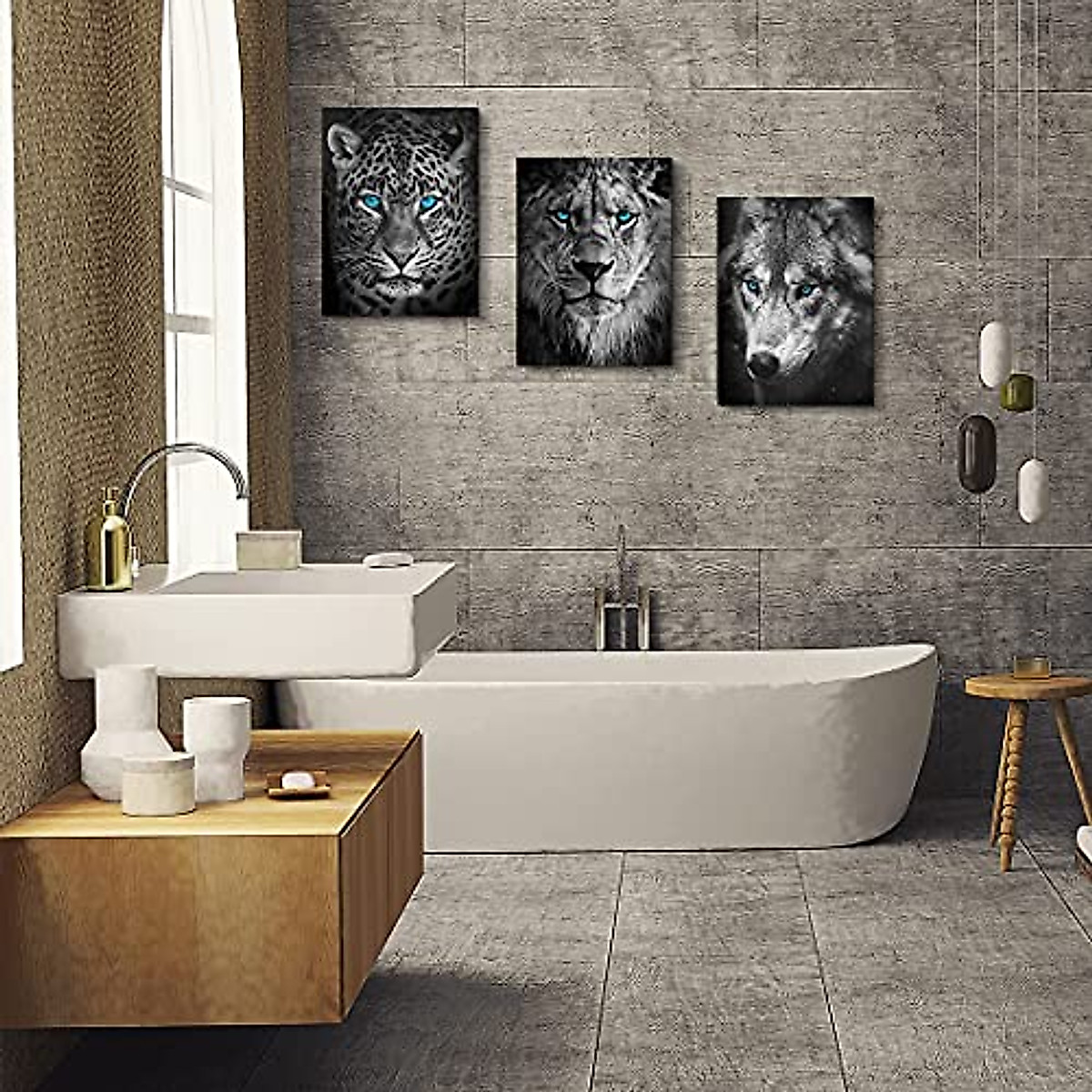 QTESPEII Black and White Animals Pictures Wall Art Decor for Bathroom Leopard Lion Wolf Head with Blue Eyes Paintings Canvas Prints Wildlife Artwork Framed Modern Home Office Decor 12"x16" 3 Panels