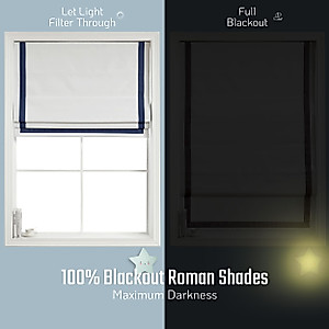 Everyday Celebration Roman Shades for Windows, 100% Blackout Shades, Cordless Pull Down Window Shades, Shades for Indoor Windows, Ribbon Border Blinds & Shades, (Navy) 36" W X 64" H