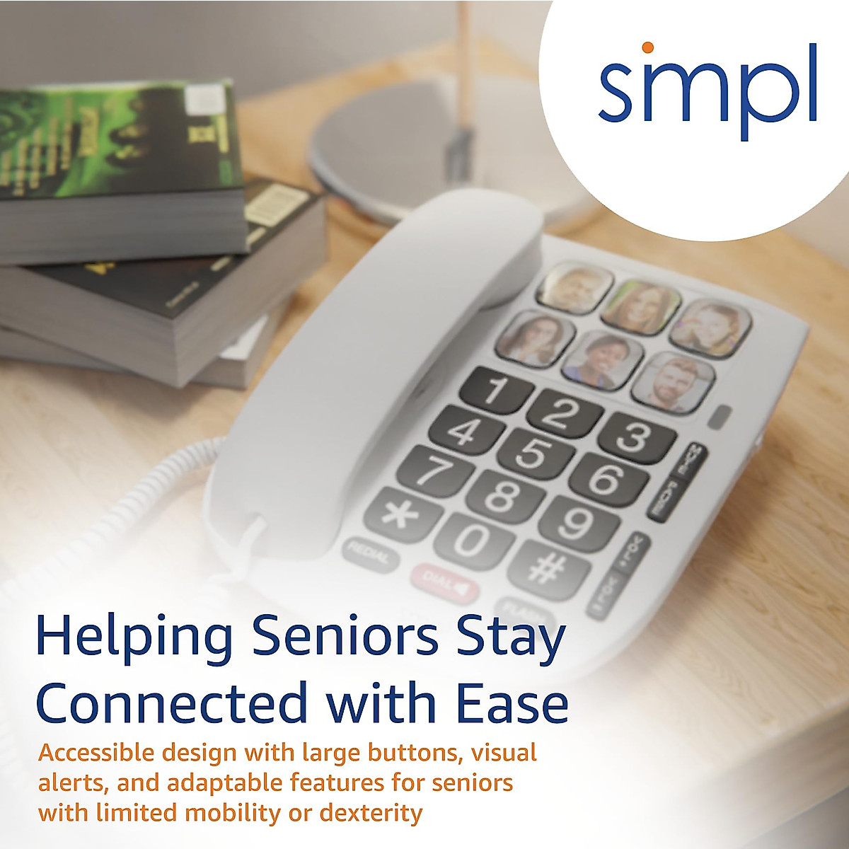 SMPL Hands-Free Dial Photo Memory Corded Phone, One-Touch Dialing, Large Buttons, Flashing Alerts, Durable, Perfect for Seniors, Alzheimer's, Dementia, Hearing Impaired