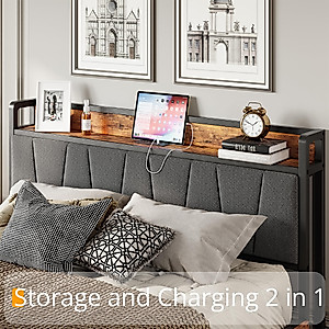 LIKIMIO Queen Bed Frame with 4 Storage Drawers, Platform Bed with Charged Headboard, Sturdy and Stable, No Noise, No Box Spring Needed, Easy to Install, Vintage Brown and Gray