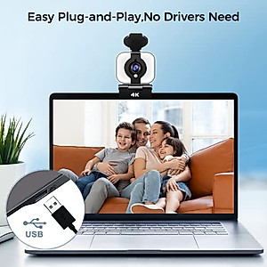 4K Webcam, USB Webcam with Microphone Privacy Cover UHD Built-in Ring Light Streaming Webcams for PC/MAC/Laptop, Plug and Play Web Camera for Video Calling, Study, Gaming, Online Classes, Conference