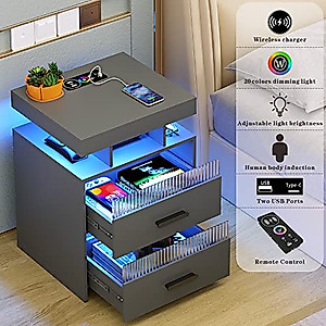 Dystler Nightstand with Charging Station and LED Lights All In One Night Stand with Drawers Bedside Table with USB Port & Outlets and Human Sensor Design Modern End Table for Bedroom Livingroom Office