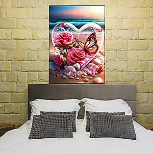 KINPLUB Beach Diamond Painting Kits for Adults, Flowers Heart Diamond Art Kits, 5D DIY Full Drill Seaside Butterflies Paint with Diamonds, Crystal Gem Art for Home Wall Decor 12 x 16 Inch