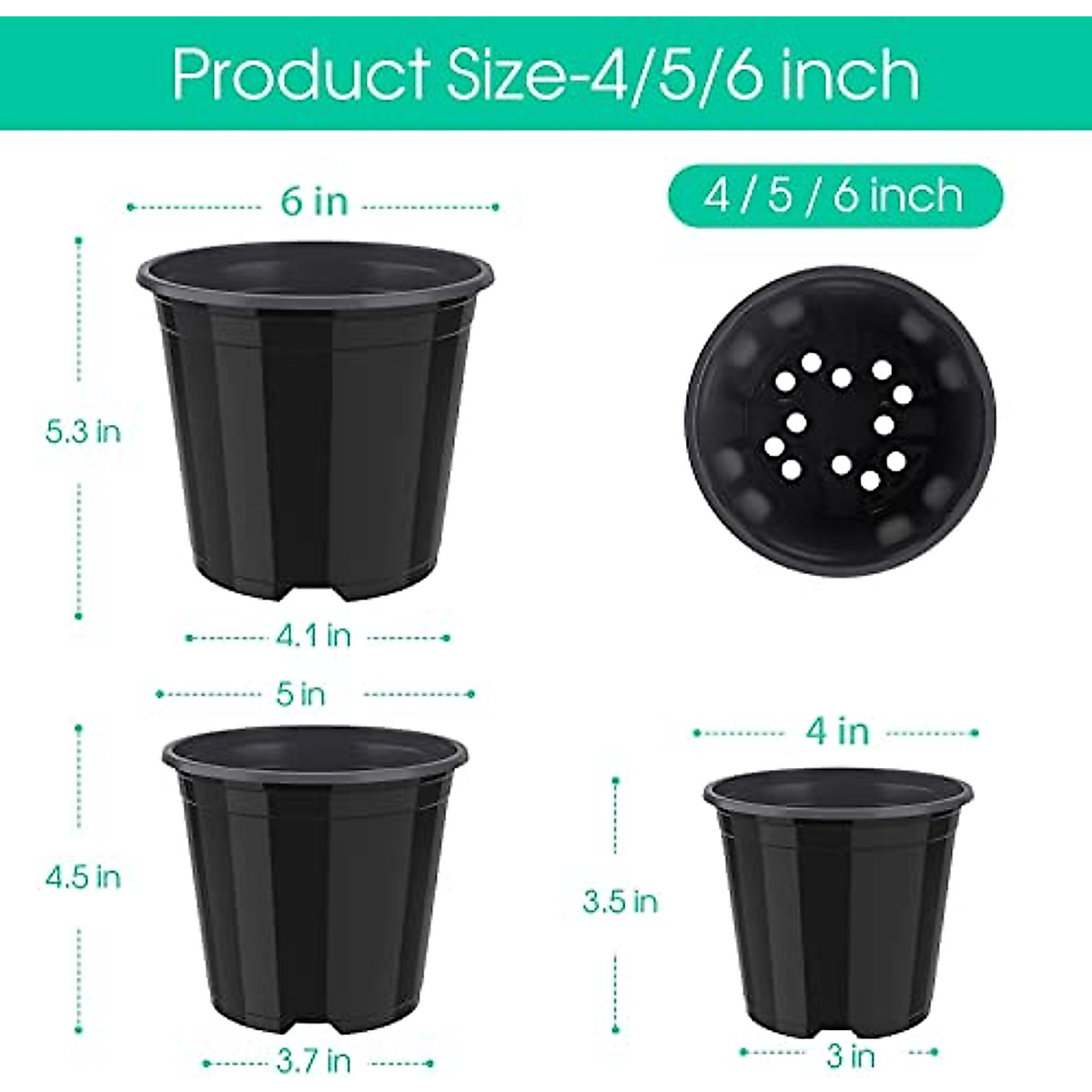 DUNPUTE 4 5 6 Inch Nursery Pots, 21 Packs Variety Plastic Pots with Drainage Hole, Plant Containers for Seedlings, Succulents, Transplanting (4 5 6 Inch, Black-Round)