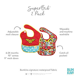 Bumkins Bibs for Girl or Boy, SuperBib Baby and Toddler for 6-24 Months, Essential Must Have for Eating, Feeding, Baby Led Weaning, Mess Saving Catch Food, Waterproof Soft Fabric, 2-pk Wonder Woman