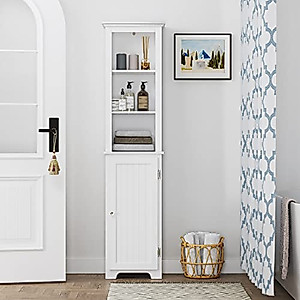 UTEX 64" Freestanding Storage Cabinet, Bathroom Tall Cabinet with Doors and Shelves, Free Standing Linen Tower, Home Storage Furniture,White