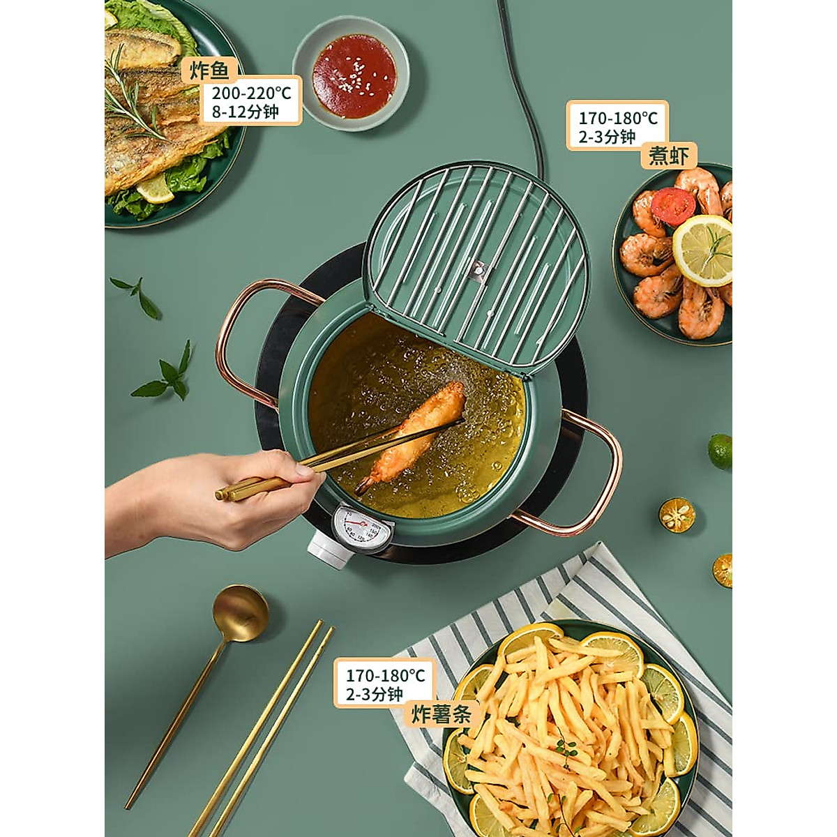 Cyrder Japanese Tempura Deep Fryer Pot with Fahrenheit Thermometer 3.5L- Nonstick Carbon Steel Oil Fryer, Fried Tempura/Chicken/Fish/Shrimp, Easy Clean, Green Big Tempura Pan, 10.2inch