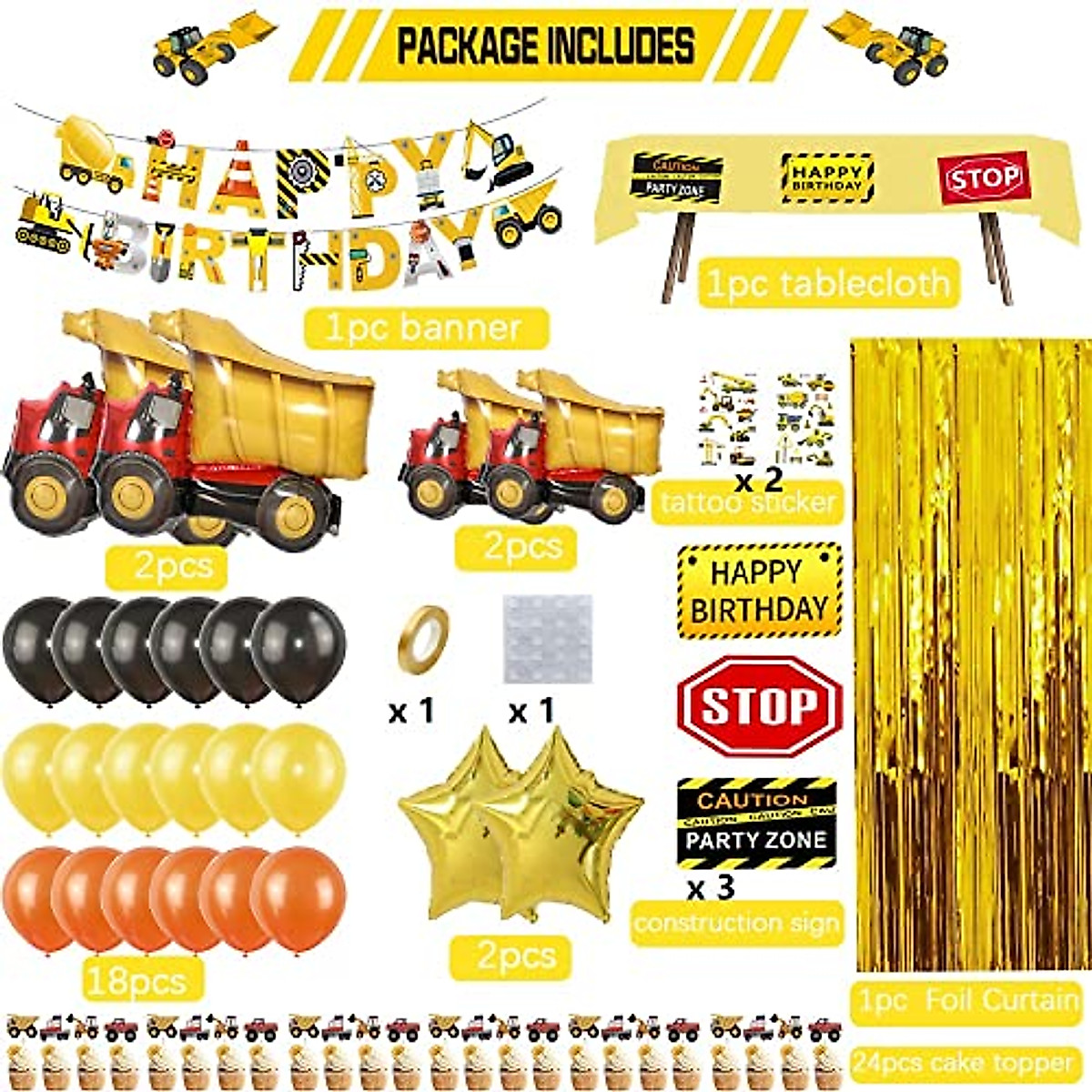 Construction Theme Birthday Party Decorations Kit Dumb Truck Excavator Crane Banner Foil Curtain Tablecloth Balloons for Boys 1st 2nd 3rd 4th 5th Birthday Party, Baby Shower Supplies.
