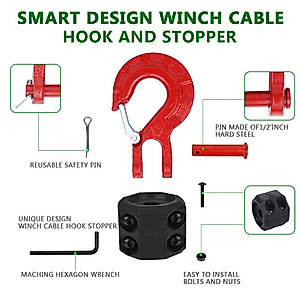 AMBULL Heavy Duty Forged Steel 3/8" Grade 70 Safety Latch Winch Cable Hook Stopper & Clevis Slip Hook Sets, Included Allen Wrench,Max 35,000 lbs, Red