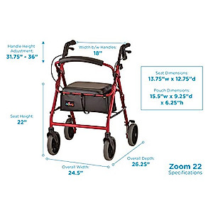 NOVA Zoom Rollator Walker with 22” Seat Height, Rolling Walker with Locking Hand Brakes, Padded Seat and 8” Wheels, Color Red
