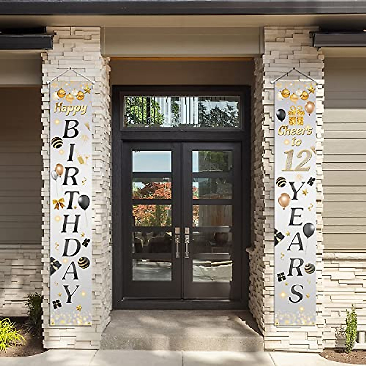 Happy 12th Birthday Porch Sign Door Banner Decor Gray – Cheers to 12 Years Old Party Theme Decorations for Boys Girls Supplies