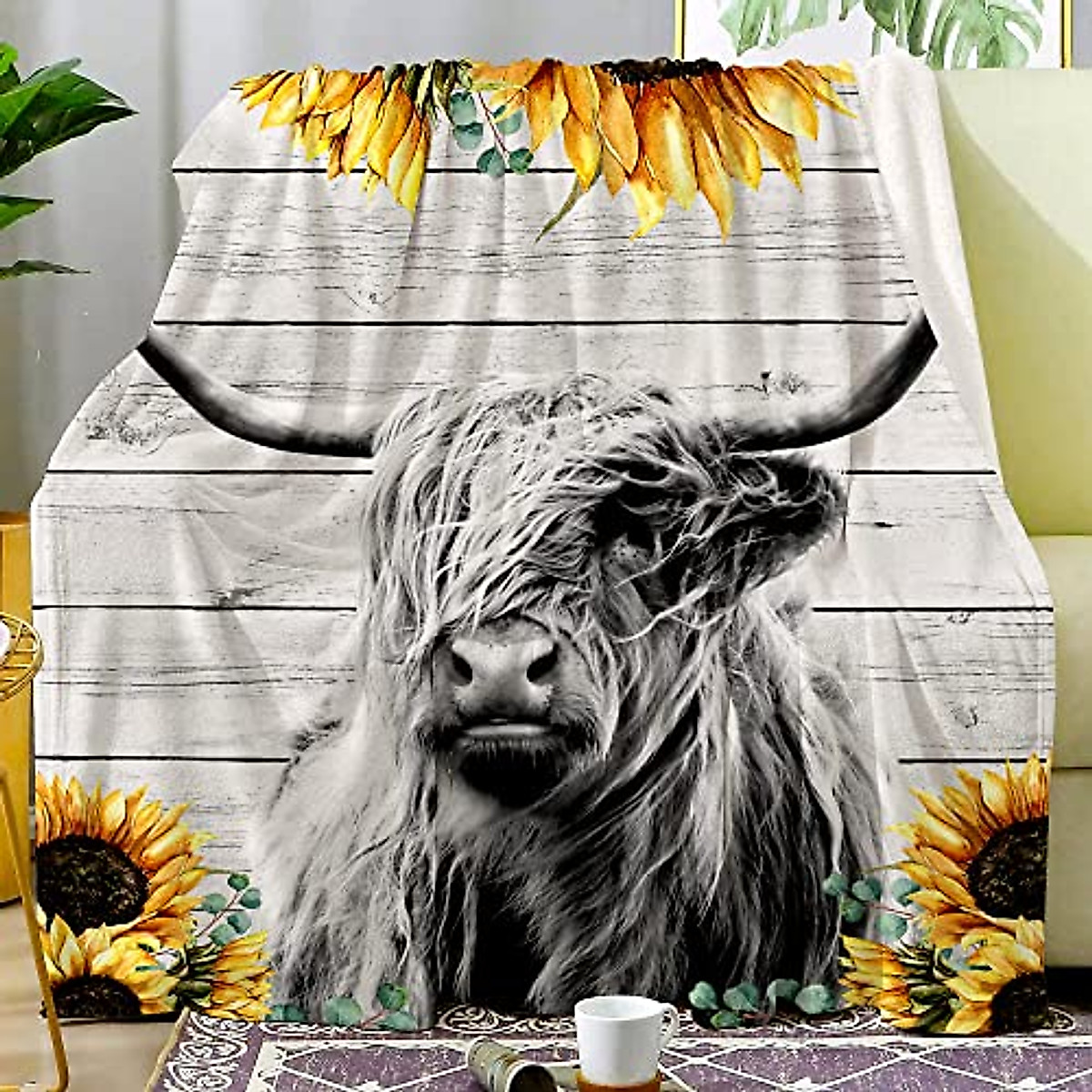 Highland Cow Blanket Super Soft Flannel Sunflower Cow Throw Blanket Warm Lightweight Blanket for Adults Kids Gifts 50"X40"