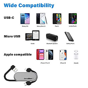Eyebloc Databloc 3-in-1 Data Blocking Micro USB Multi Charging Cable - Type C, Dual Tip Compatibility - Hacker Safe, Data Protection - Silver