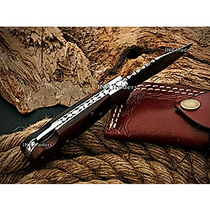 JNR TRADERS Damascus Pocket Knife with Sheath, Folding Knife, Handmade Small Folding Pocket Knife with Sheath, Wood Handle 2397