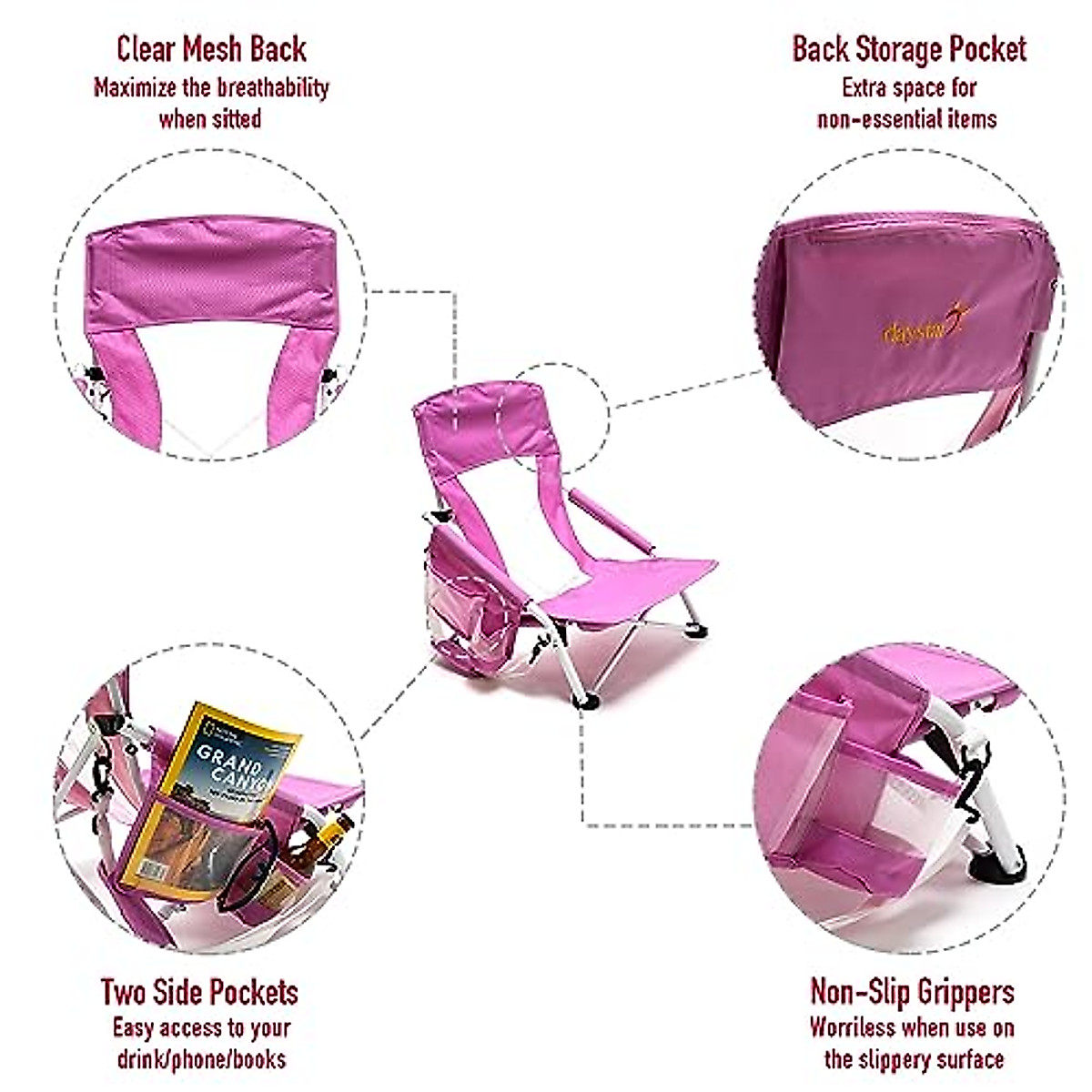 SUNNYFEEL Low Sling Beach Chair, Folding Low Mesh Reclining Back Low Seat Beach Chairs for Adults with Cup Holder,Carry Bag Padded Armrest for Sand Camping Lawn Concert Travel Festival (Pink)