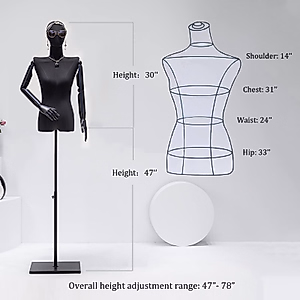 Female Dress Form Mannequin Torso, Adjustable Height 47-78 inch, Manikin Body Model with Rectangle Metal Base, Detachable Arms & Head, for Clothing Dress Jewelry Display Sewing