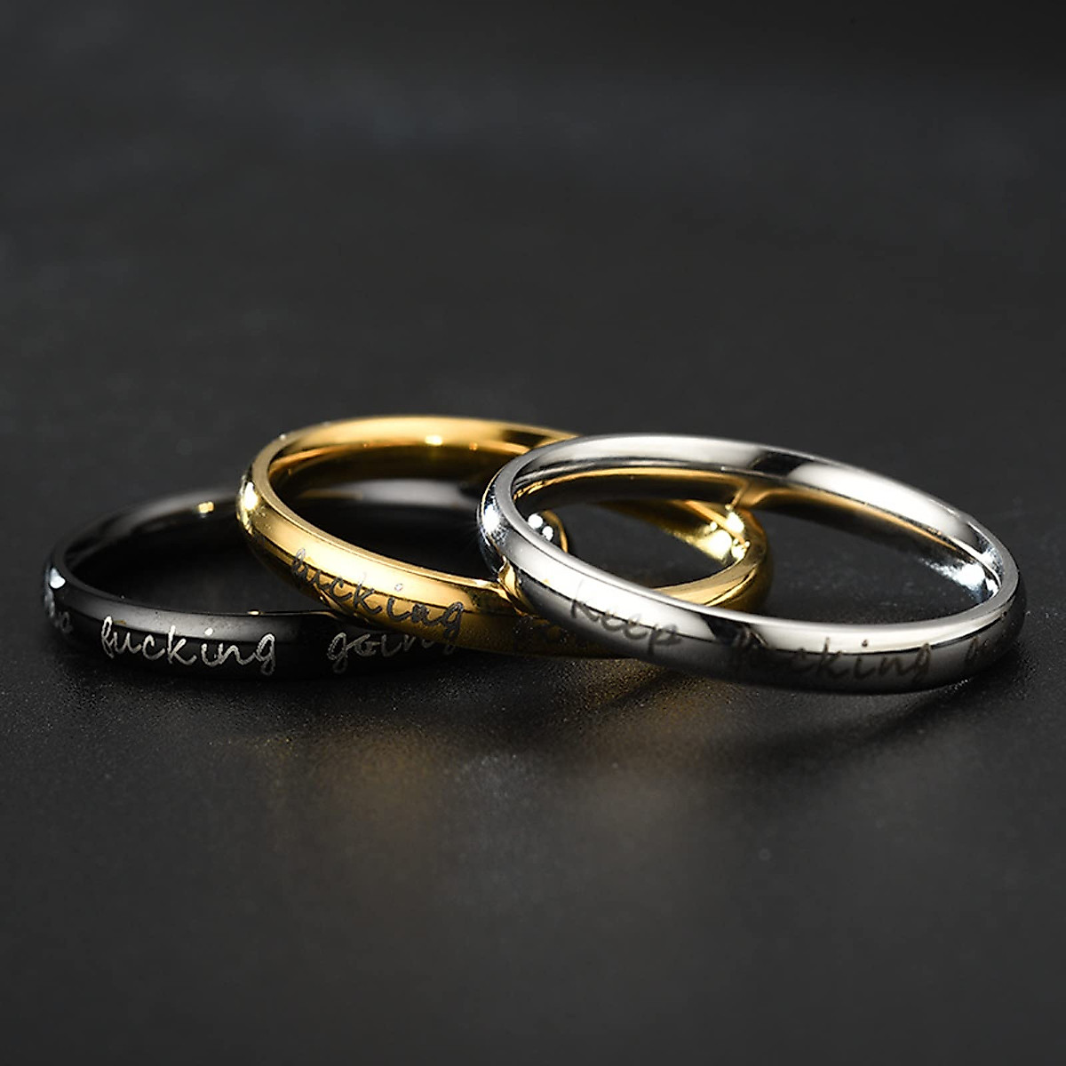 PAKULA Stainless Steel Rings Inspirational Mantra Graduation Statement Encouragement 3mm Stackable Keep Fucking Going Band Ring for Women Men (Black, Size 13)