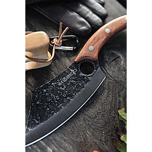 Seido Knives Hakai Chef Cleaver Knife with Curve Rosewood Handle and Premium Leather Sheath - Artisan Crafted High Carbon Stainless Steel for Kitchen, Camping, and BBQ