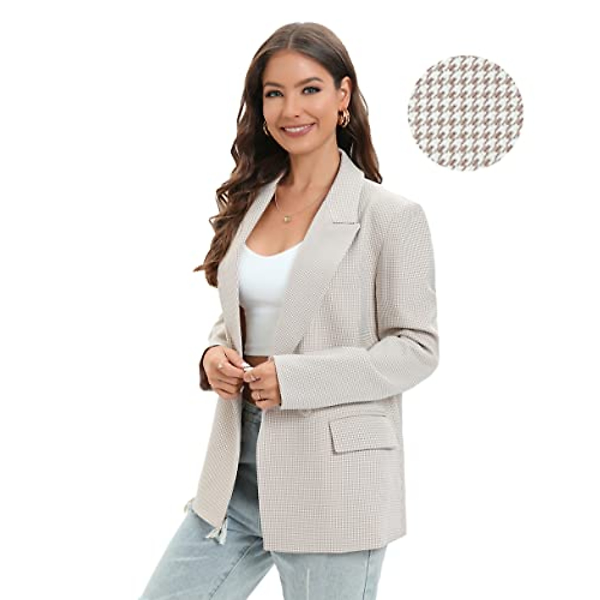TRNY Women's Houndstooth Blazer Oversized Double-Breasted Suit Blazer Jacket Long Sleeve Casual Boyfriend Style Work Office Blazer with Pockets Mini Beige Houndstooth