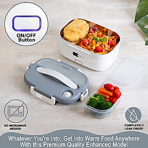 FORABEST Electric Lunch Box Food Heater Upgraded 60W Leakproof 2-in-1 Portable Food Warmer Lunch Box for Car & Home with Power on Button, Removable Container, Large Fork, Spoon