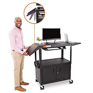 Line Leader Large AV Cart with Locking Cabinet & Drop Leaves, Rolling Height Adjustable Utility Cart with Pullout Laptop Keyboard Tray & Cord Management, Narrow Mobile Workstation (Black, 54 x 18)