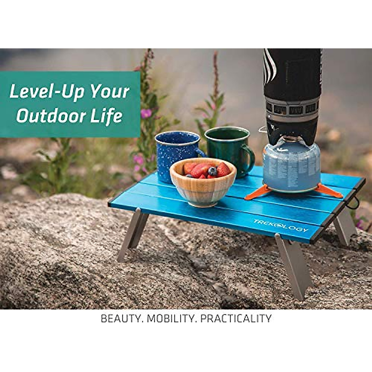 TREKOLOGY Small Portable Table for Beach, Aluminum Beach Side Table, Beach Tables for Sand Foldable, Folding Beach Table, Portable Beach Table, Beach Accessories for Vacation