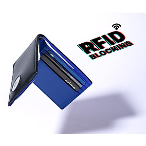Mens Wallet with AirTag Holder, Slim Genuine Leather Bifold AirTag Wallet with Money Pocket, RFID Blocking, 9 Card Slots, Bill Divider, ID Window (Black & Midnight Blue)