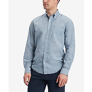 Tommy Hilfiger Men's Long Sleeve Linen Blend Shirt, Regular Fit, North Sky Blue, XX-Large