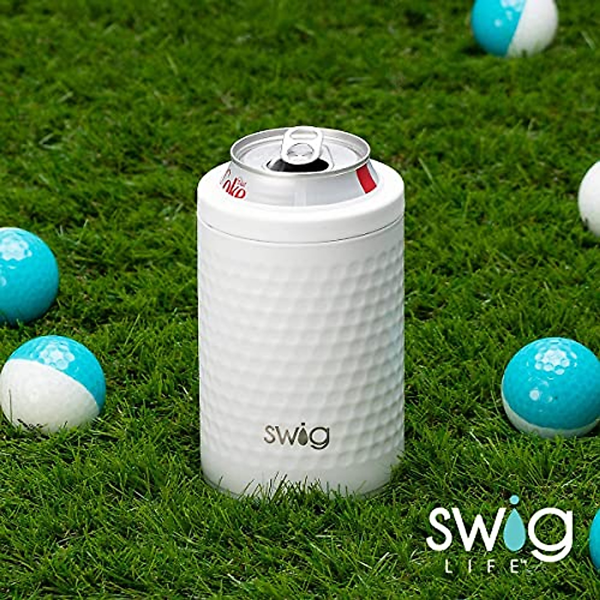 Swig Life Standard Can + Bottle Cooler, Stainless Steel, Dishwasher Safe, Triple Insulated Can Sleeve for Standard Size 12oz Cans or Bottles in Golf Print with Golf Ball Textured Frame
