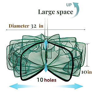 DAMIDEL 32in x 10in Folded Fishing Bait Trap, 10 Holes 10 Sides Foldable Fishing Nets for Fish/Crab/Shrimp/Crawdad, Upgrade Large Space,Bait Bag/Bait Box/Rope/Storage Bag