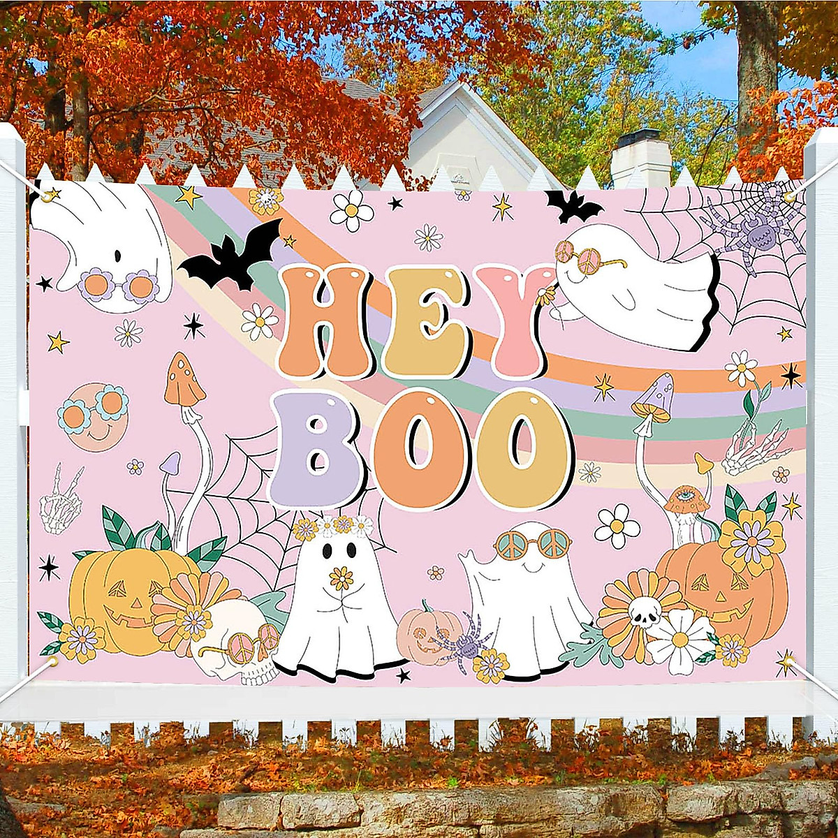 Avezano Halloween Hey Boo Baby Shower Backdrop Halloween Groovy Boho Rainbow Retro Hippie Theme Baby Shower Banner Little Boo Daisy Baby Shower Party Decorations Photo Background 70.8 x 43.3 Inch