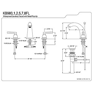Kingston Brass KB982FL Royale Widespread Lavatory Faucet with Brass Pop-Up, Polished Brass,8-Inch Adjustable Center