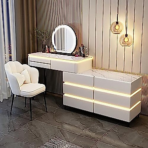 Attega Vanity Desk Set, Makeup Table with LED Lighted Mirror & Drawer Ambient Light, Dresser Desk with Side Cabinet & 9 Drawers Adjustable Dressing Table Set for Bedroom & Bathroom (White, 31.5 Inch)