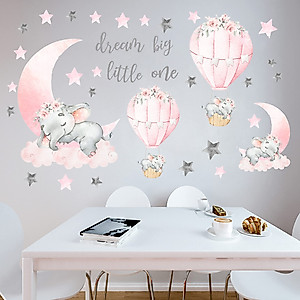 Dream Big Little One Elephant Wall Decals, Peel and Stick Wall Sticker Pink Moon Hot Air Balloon Grey Stars Nursery Decor, Home Kitchen Room Decorations Boy Girl Kids Bedroom Art Party Supplies