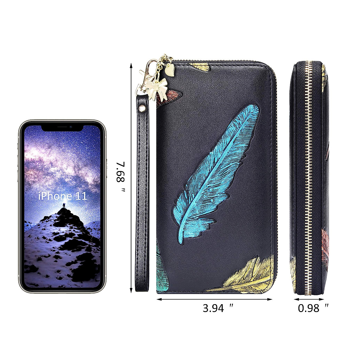 FEITH&FELLY Women RFID Blocking Wallet Embossed Genuine Leather Wristlet Clutch Purse Handbag