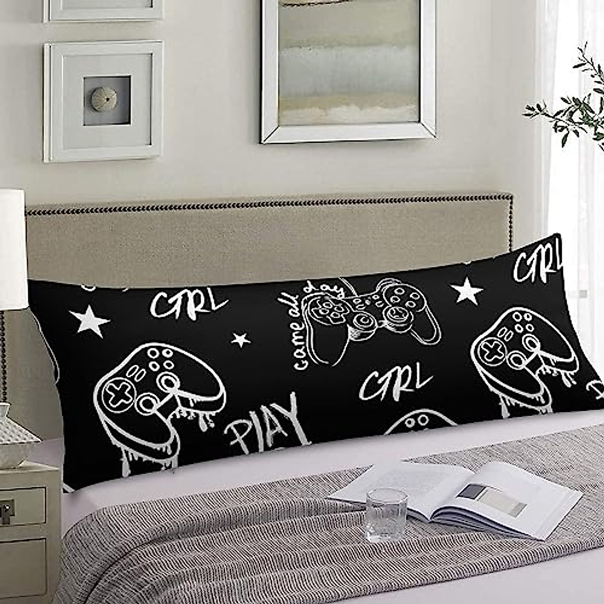 LynaRei Body Pillow Cover 20x54 Inches Black Joystick Gamepad Long Pillow Case Protector with Hidden Zipper Closure Girl Gamer Ultra Soft Body Pillowcase for Home Bedding