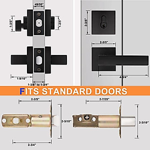 Probrico Flat Black Passage Door Lever with Single Cylinder Deadbolts Combo Pack, Modern Square Lock Set Handleset,Exterior Door Handle and Deadbolts Set,Exterior Door Lever Passage 2 Pack