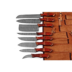 Custom Handmade Damascus Steel Blade Kitchen Chef Knife Set 8pcs Damascus Knife Set With Leather Case Roll Bag- Professional Demasticus Butcher BBQ Knives for Men and Women 1007 rd