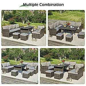 AECOJOY Patio Furniture Set, 7 Pieces Outdoor Patio Furniture with Dining Table&Chair, All Weather Wicker Conversation Set with Ottoman,Grey