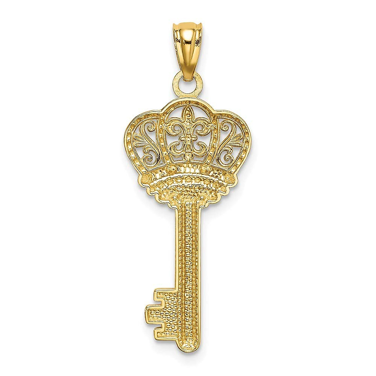 Solid 14k Yellow Gold Two Toned Fleur De Lis Crown Emperor Royal King Queen Key Charm Pendant - 31mm x 12mm