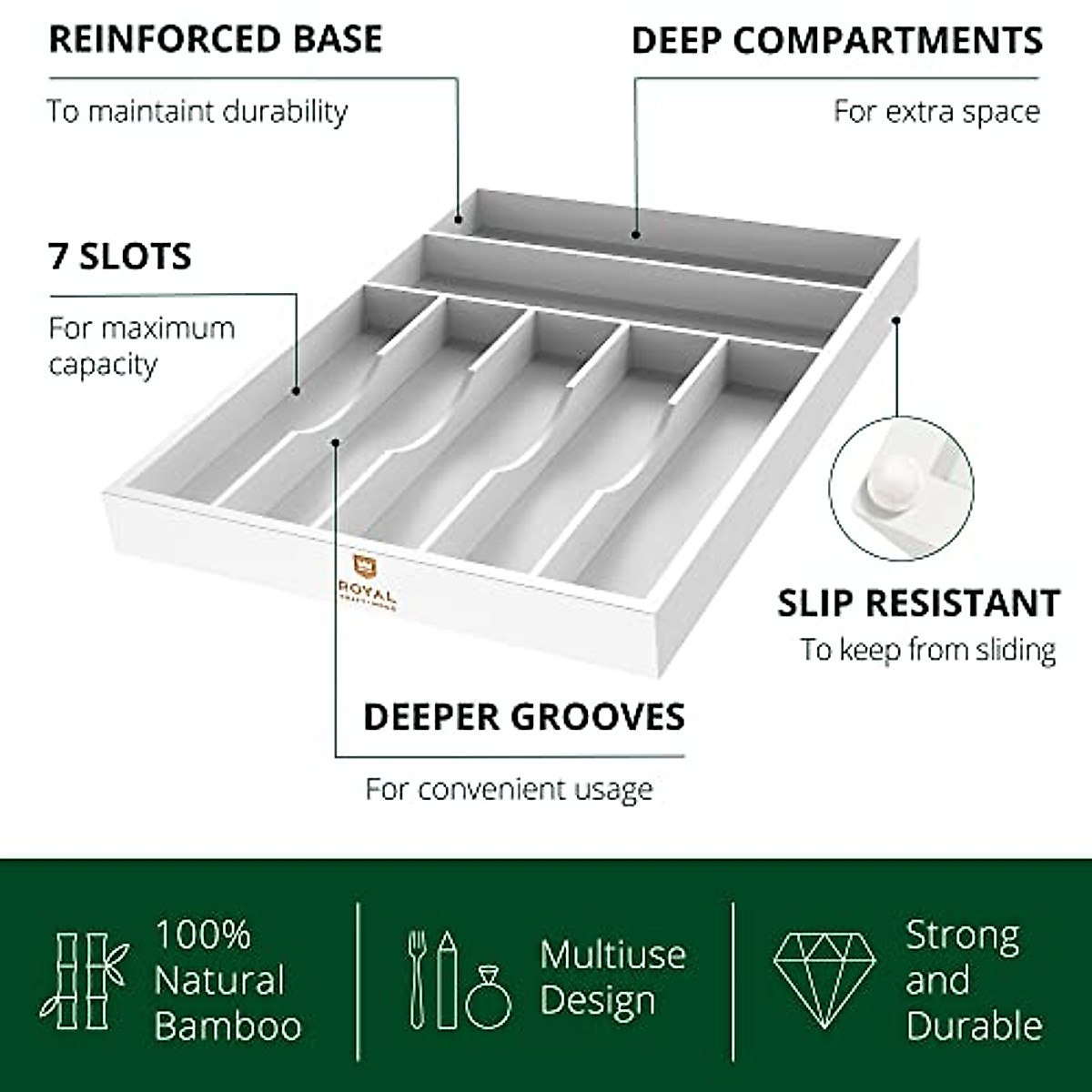 ROYAL CRAFT WOOD Luxury Bamboo Caddy Kitchen Drawer and Silverware Organizer, Utensil Holder and Cutlery Tray with Grooved Drawer Dividers for Flatware 7 Slot, White