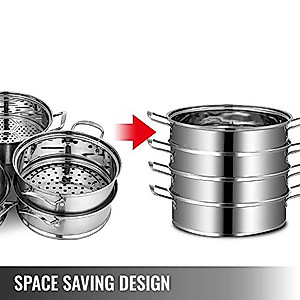 VEVOR 5-Tier Stainless Steel Food Steamer, 11'' Steaming Cookware Saucepot Transparent Tempered Glass Lid, Work with Gas, Electric, Induction Oven, Grill Stove Top, Dishwasher Safe