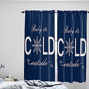 2 Panels Kitchen Curtain 72 Inch Long, Christmas Kitchen Window Curtains Rod Pocket Cafe Curtains Drapes Window Treatment for Bedroom Bathroom Cold Winter Snowflakes Blue Backdrop