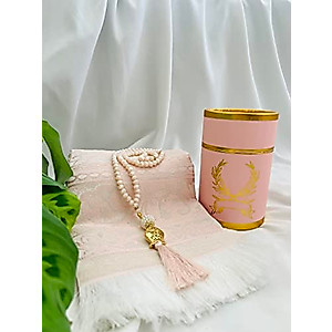 Muslim Prayer Rug, Luxury Prayer Beads with Elegant Design Cylinder Gift Box I Perfect Islamic Gift I Muslim for Men,Women,Kids I Soft Islamic Prayer Mat | Luxury Islamic Gifts (Light Pink, 1 Sets)